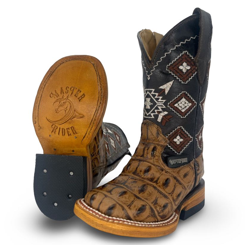 Kids Western Boots – Honey Color with Embossed Crocodile-Style Texture ...